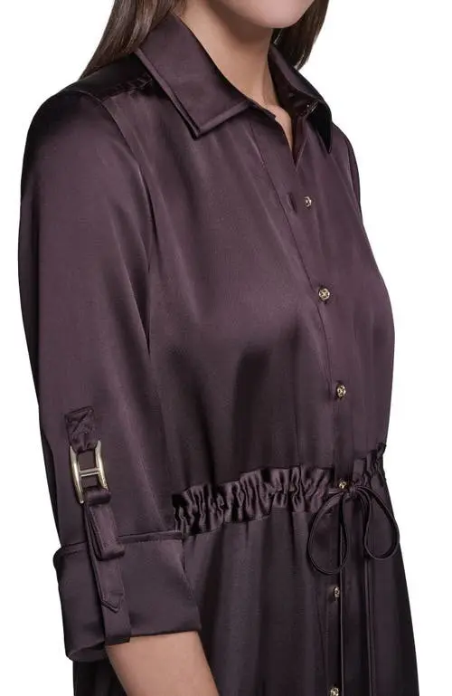 Halston 3/4 Sleeve Satin Shirt Dress - Rich Mocha