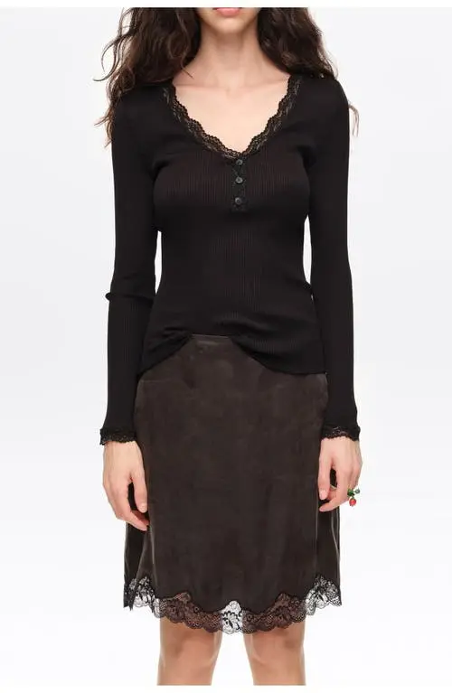 Bimba Y Lola Ribbed V-neck Lace Trim T-shirt - Black