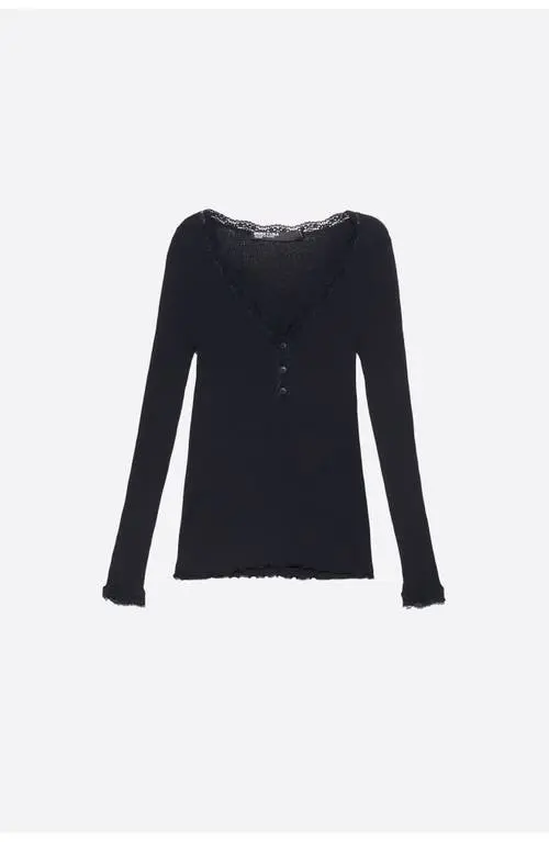 Bimba Y Lola Ribbed V-neck Lace Trim T-shirt
