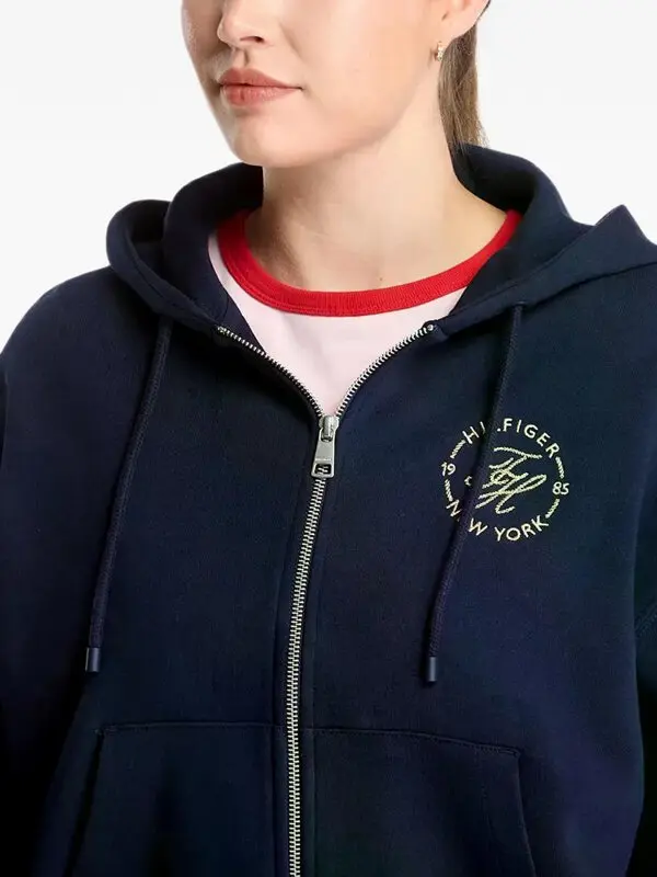 Tommy Hilfiger Logo Embroidered Regenerative Cotton Zip-up Hoodie - Blue