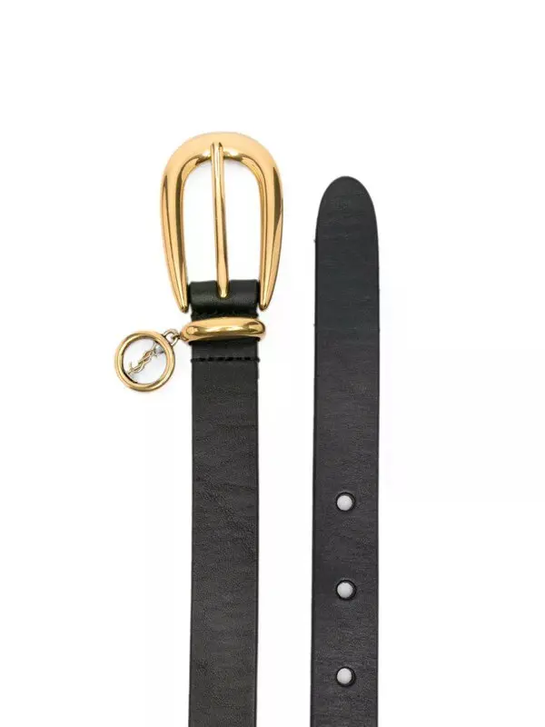 Saint Laurent Cassandre Charm Elongated Buckle Thin Belt In Leather