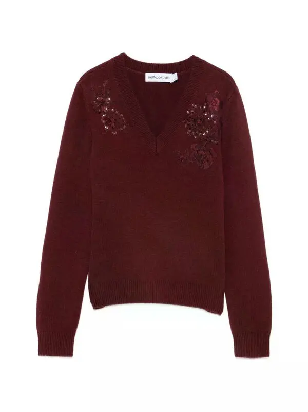 SELF-PORTRAIT Sequin-embellished Floral-patch V-neck Sweater - Red