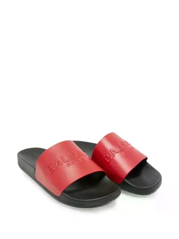 Balmain Monogram Embossed Leather Slides