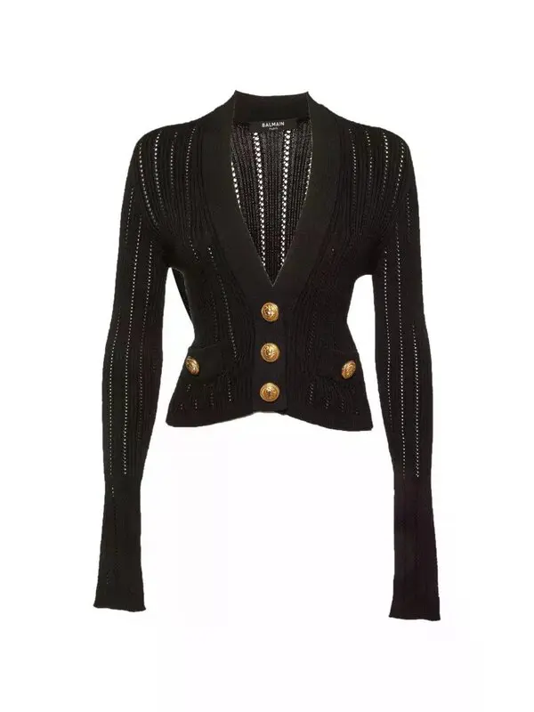 Balmain Pointelle-knit Cropped Cardigan - Black