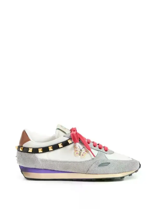 Valentino Garavani Stud-up Sneakers In Split Leather And Nylon With Butterfly Embroidery - White