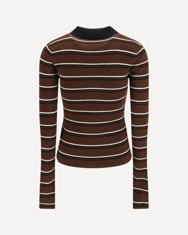 GANNI Striped Merino Polo Shirt - Brown