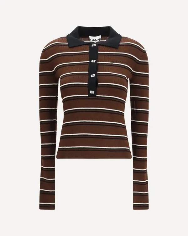 GANNI Striped Merino Polo Shirt - Brown