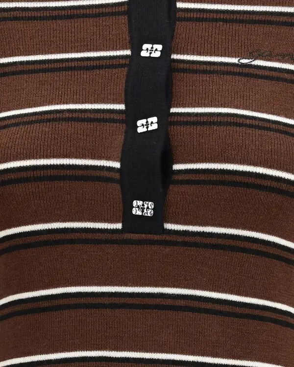 GANNI Striped Merino Polo Shirt - Brown