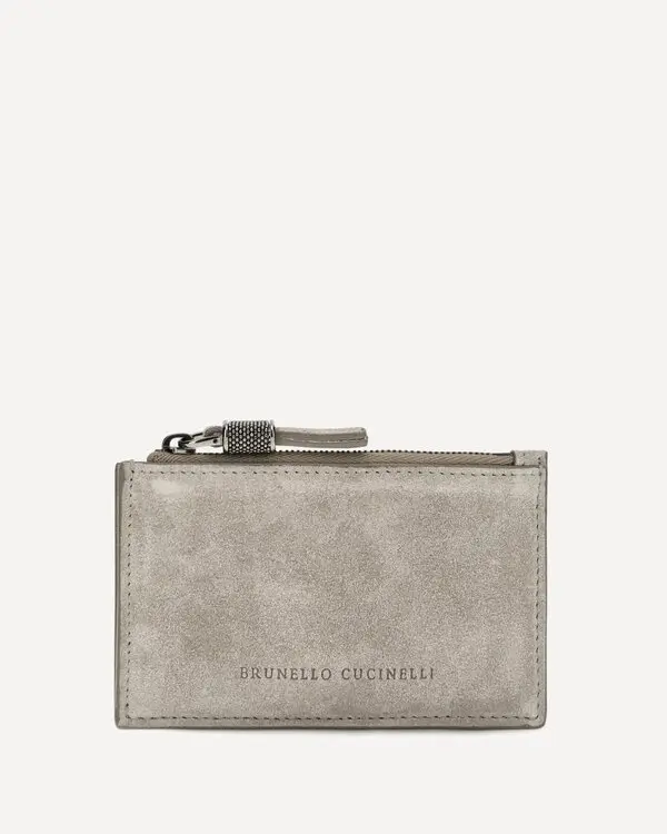 Brunello Cucinelli Suede Card Holder With Shiny Zipper Pull - Grey