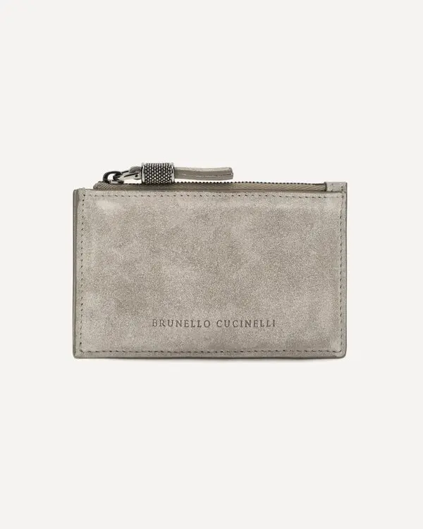 Brunello Cucinelli Suede Card Holder With Shiny Zipper Pull