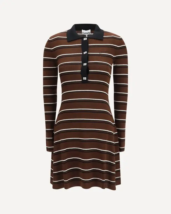 GANNI Striped Wool Polo Dress - Brown