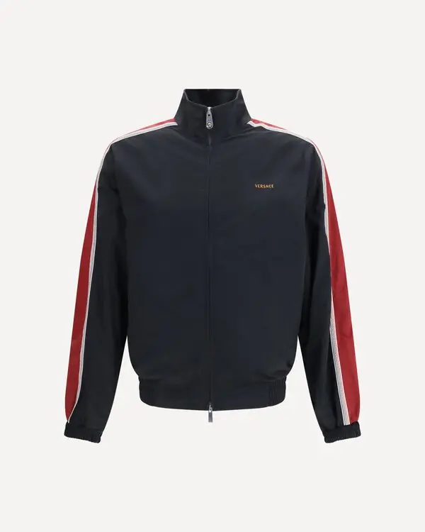 Versace Nylon Blouson Jacket With Embroidered Logo And Greca Inserts - Black