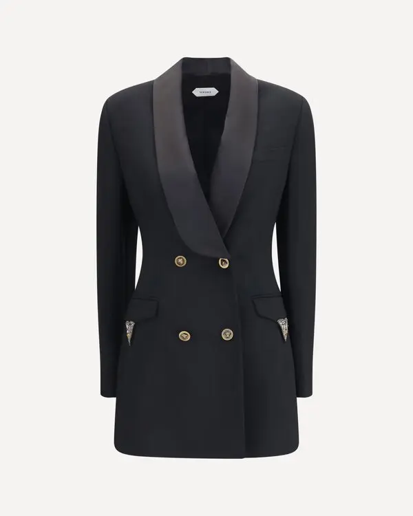 Versace Wool Double Breasted Blazer With Embellished Details