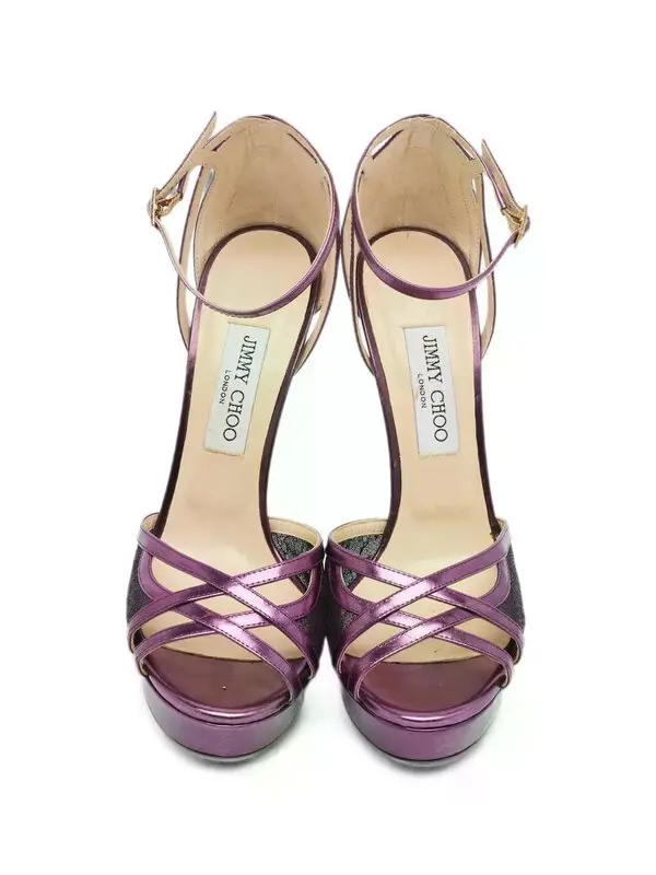 JIMMY CHOO Metallic Leather And Lace Platform Stiletto Sandals