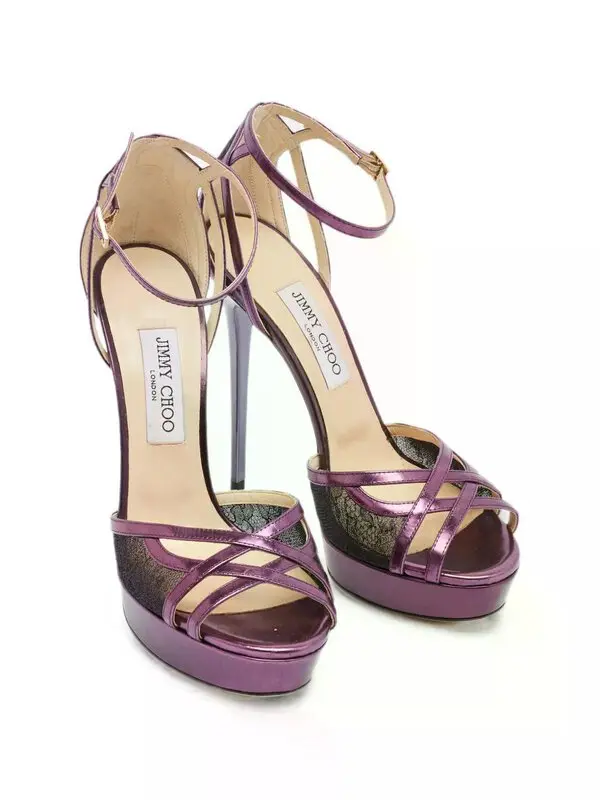 JIMMY CHOO Metallic Leather And Lace Platform Stiletto Sandals