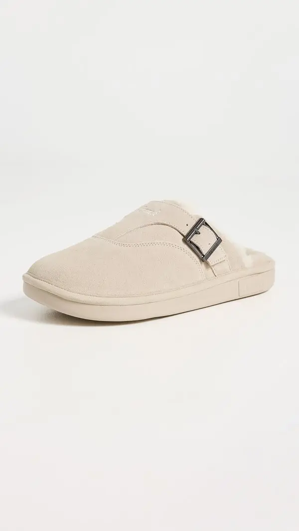 BRUNCH Suede Shearling Slippers With Buckle Detail - Beige