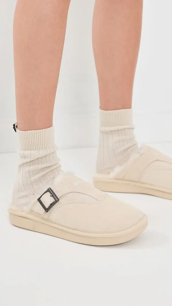 BRUNCH Suede Shearling Slippers With Buckle Detail - Beige