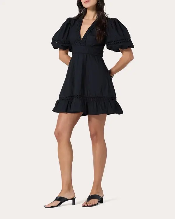 SCARLETT POPPIES Olga Embroidered Poplin Puff-sleeve Mini Dress