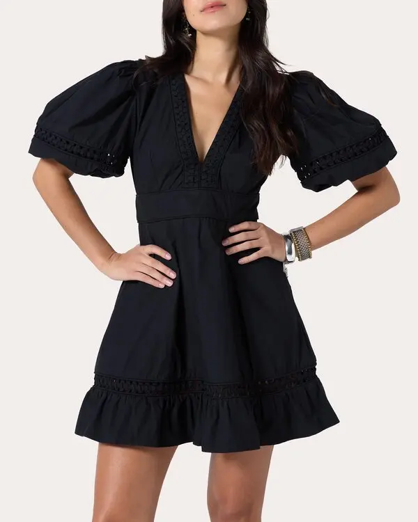SCARLETT POPPIES Olga Embroidered Poplin Puff-sleeve Mini Dress