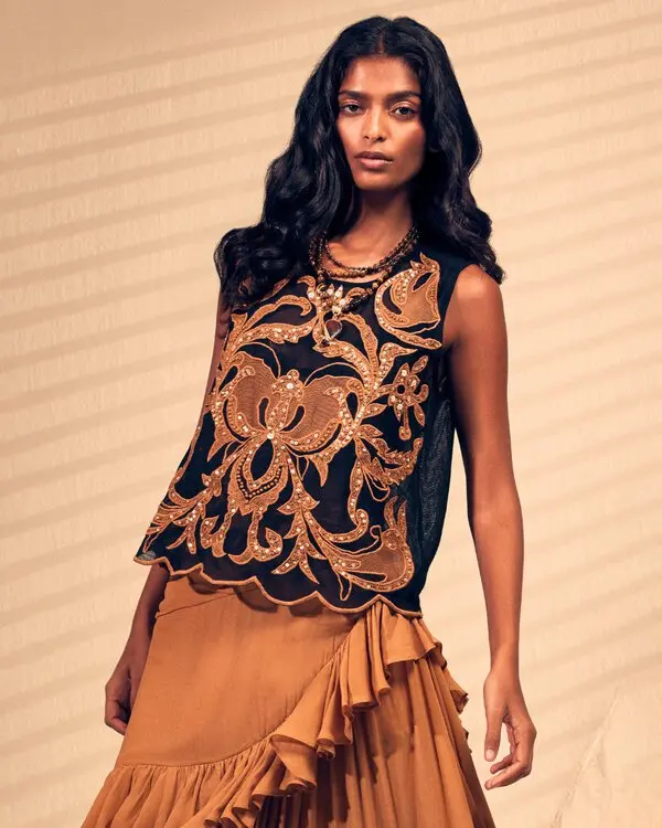 SCARLETT POPPIES Indra Embroidered Sequin Mesh Top