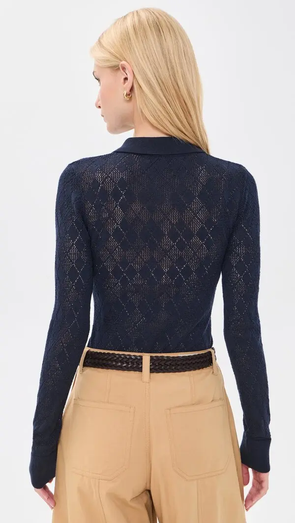 Sea Jane Argyle Pointelle Knit Polo Sweater - Navy