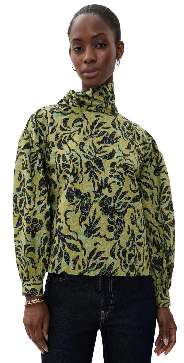 Ulla Johnson Pastel Print" Long Sleeve Cotton Blouse - Chartreuse