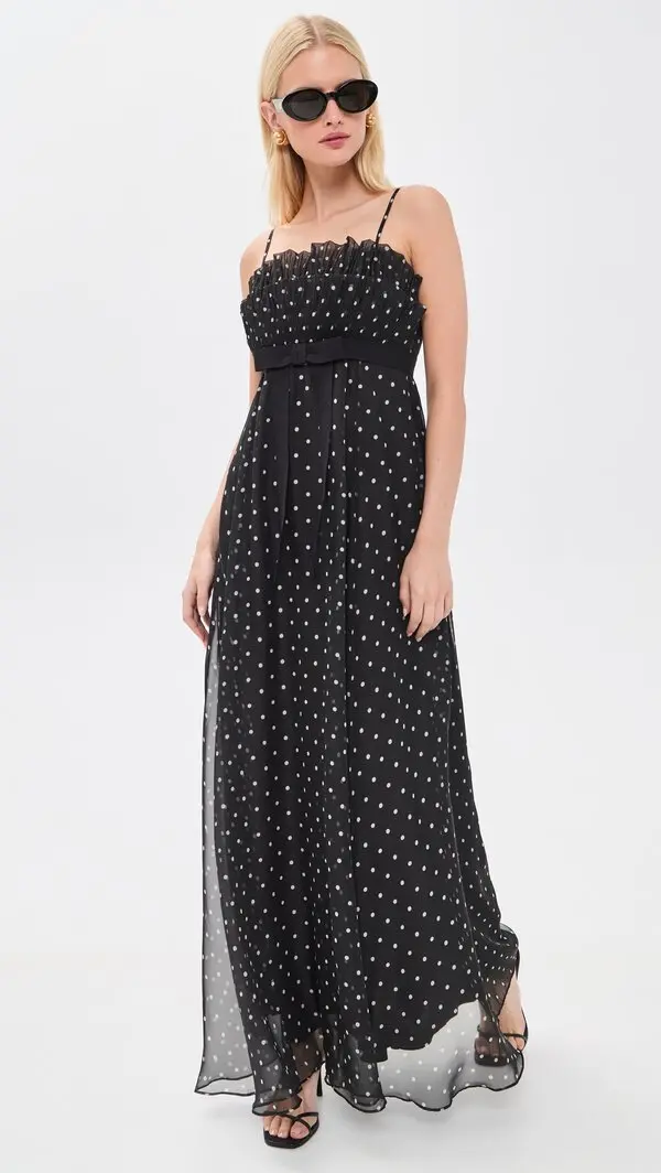 Zimmermann Frill Pleated Polka Dot Maxi Dress - Black Dot
