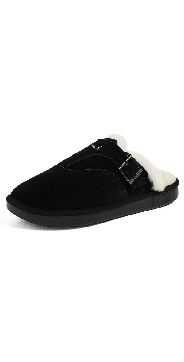 BRUNCH Suede Shearling Slippers With Adjustable Buckle - Black
