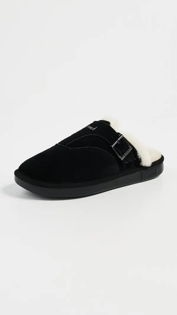 BRUNCH Suede Shearling Slippers With Adjustable Buckle - Black