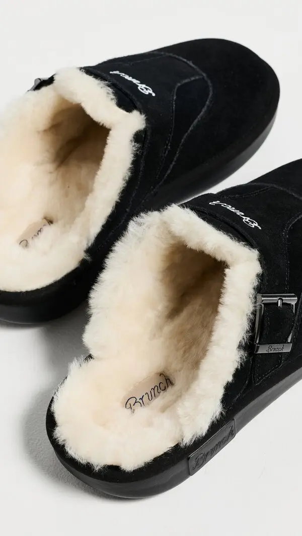BRUNCH Suede Shearling Slippers With Adjustable Buckle - Black