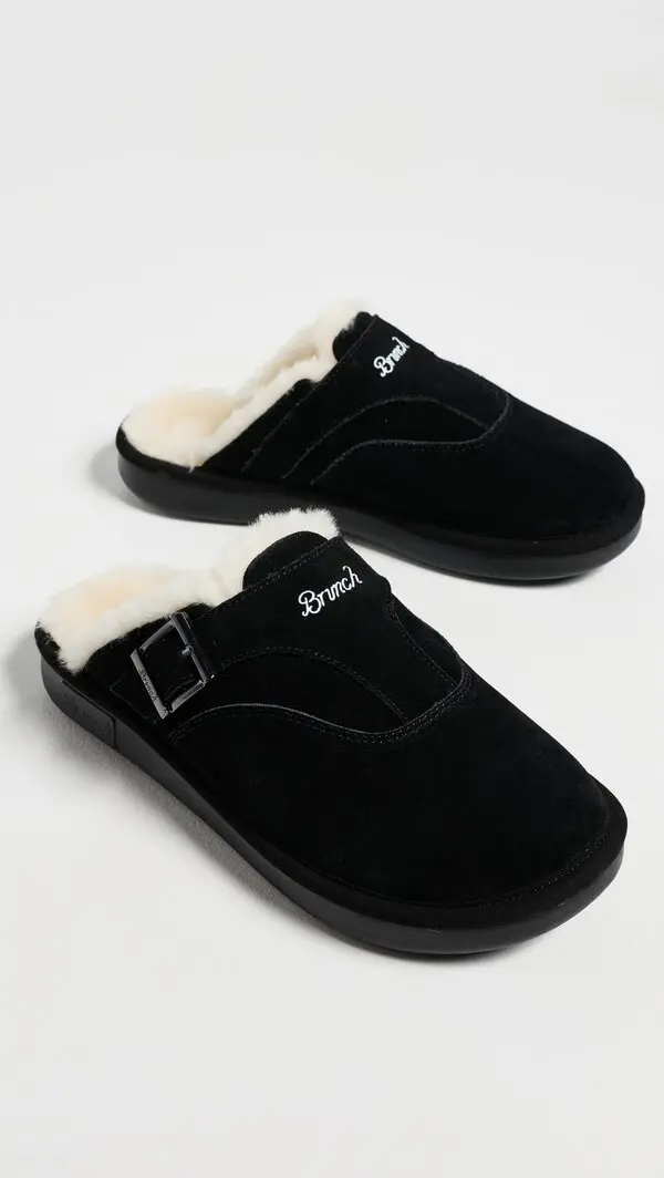 BRUNCH Suede Shearling Slippers With Adjustable Buckle - Black