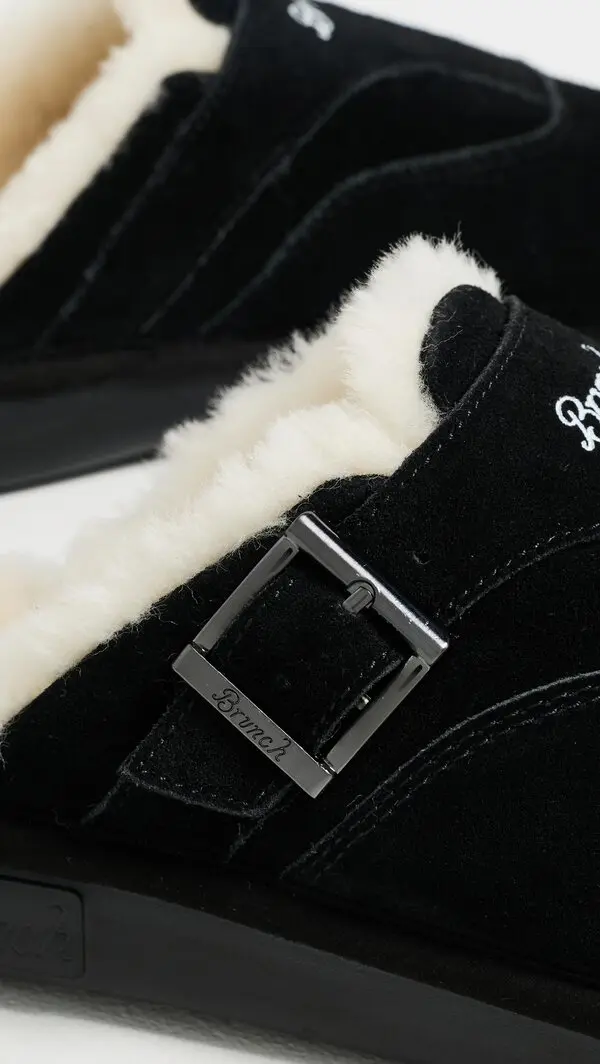 BRUNCH Suede Shearling Slippers With Adjustable Buckle - Black