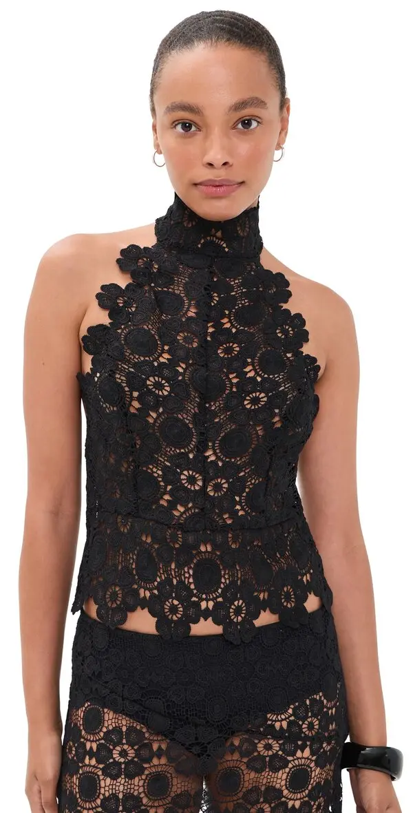 Lioness Trophy Halter Top In Crochet Lace - Noir