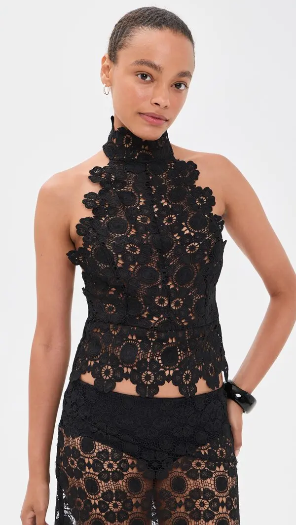 Lioness Trophy Halter Top In Crochet Lace - Noir
