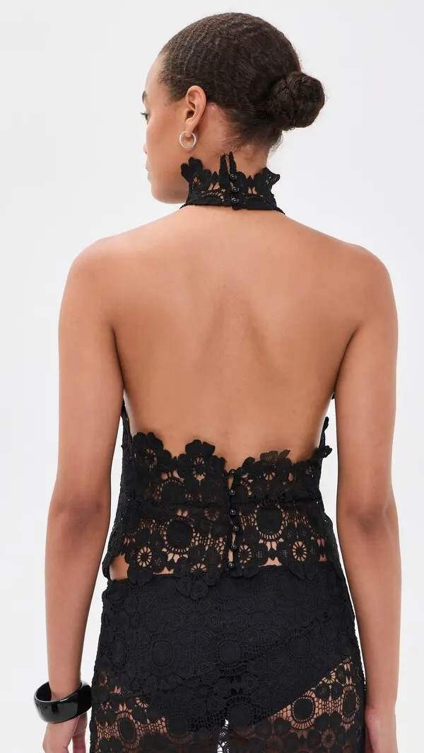 Lioness Trophy Halter Top In Crochet Lace - Noir