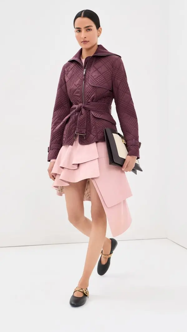 Burberry Abbeydale Quilted Belted Jacket - Vineyard Red