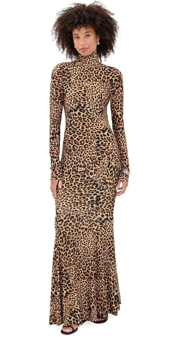 Norma Kamali Long Sleeve Turtle Fishtail Gown - Cheetah Patch