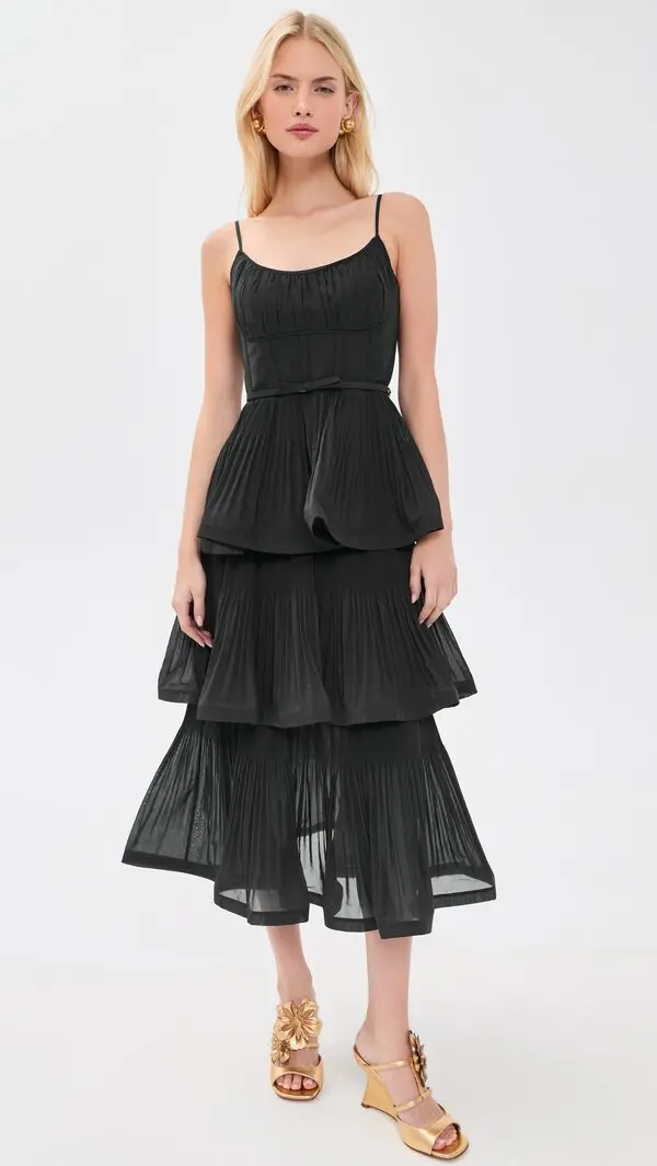 Zimmermann Pleated Tiered Midi Dress With Belted Waist - Bottle Green