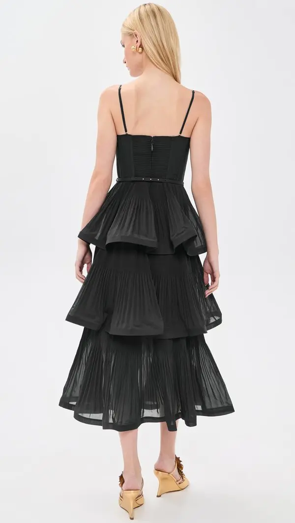 Zimmermann Pleated Tiered Midi Dress With Belted Waist - Bottle Green