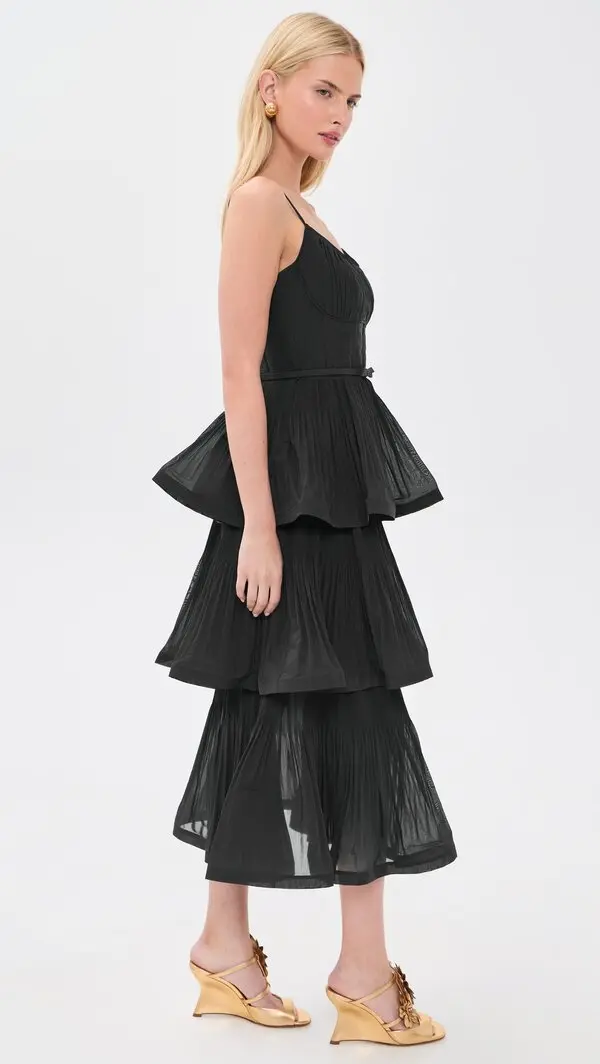 Zimmermann Pleated Tiered Midi Dress With Belted Waist - Bottle Green