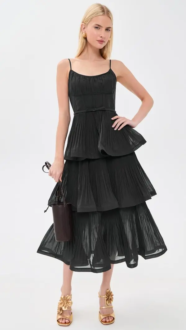 Zimmermann Pleated Tiered Midi Dress With Belted Waist - Bottle Green