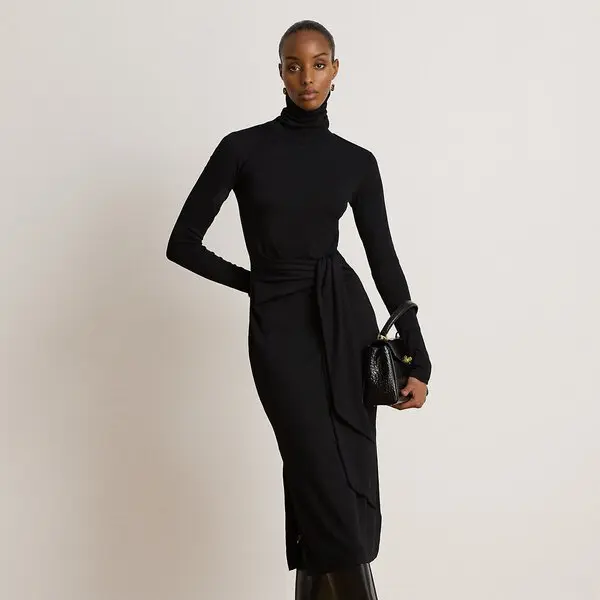 Ralph Lauren Tie-front Cotton-blend Turtleneck Dress - Black