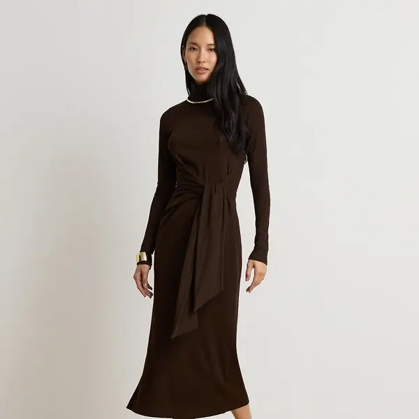 Ralph Lauren Tie-front Ribbed Turtleneck Midi Dress - Circuit Brown