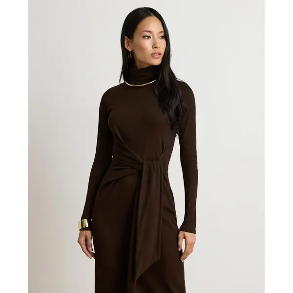Ralph Lauren Tie-front Ribbed Turtleneck Midi Dress - Circuit Brown