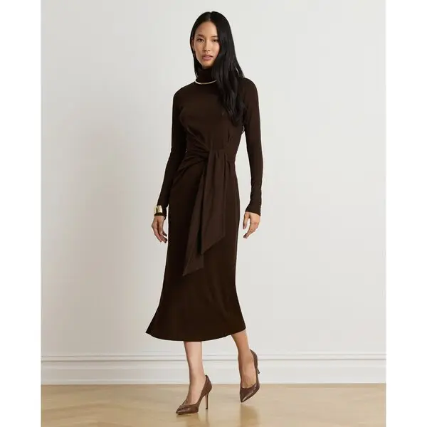 Ralph Lauren Tie-front Ribbed Turtleneck Midi Dress - Circuit Brown