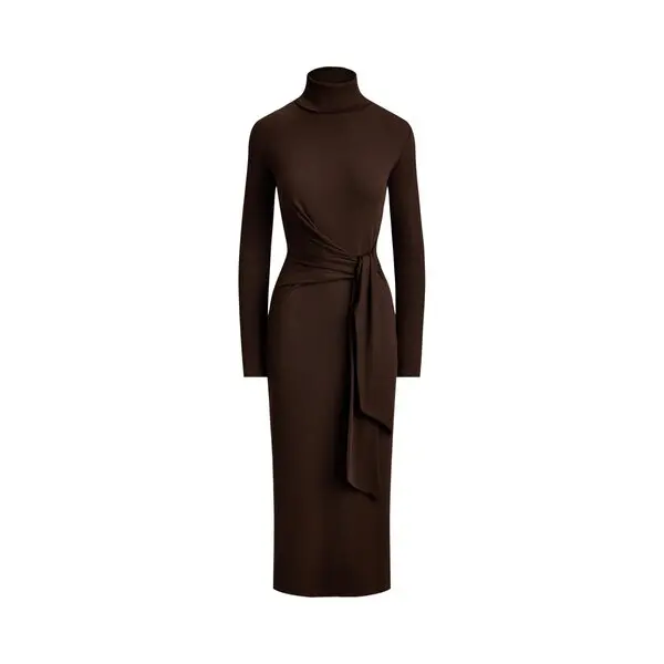 Ralph Lauren Tie-front Ribbed Turtleneck Midi Dress - Circuit Brown