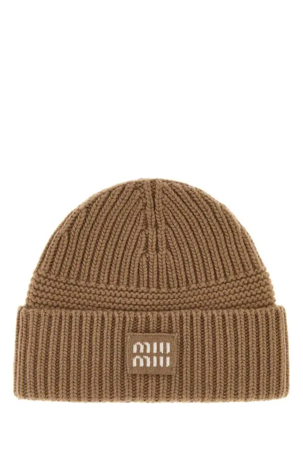 Miu Miu Camel Wool Blend Beanie Hat - Brown