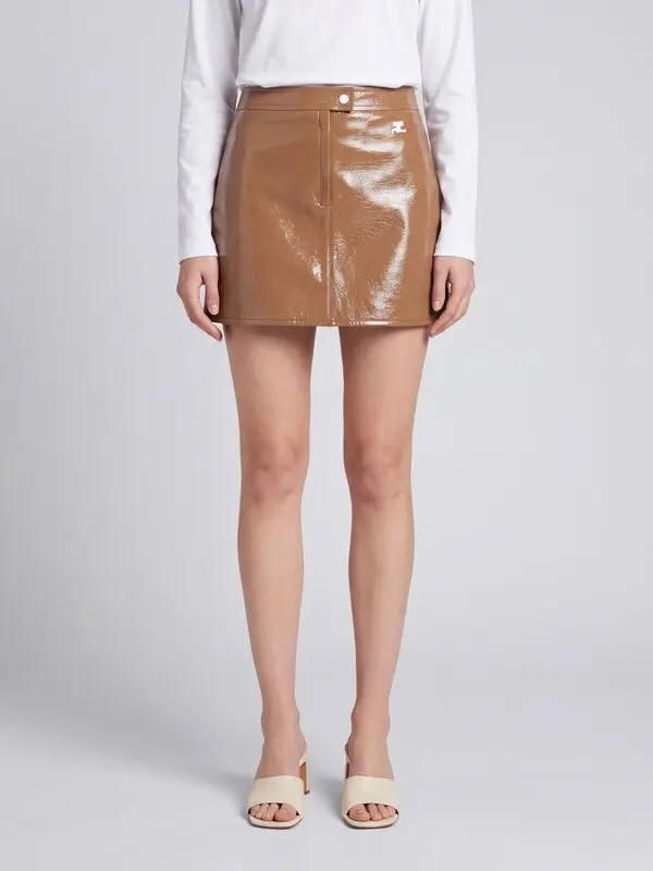 COURREGES Embroidered Logo Coated Cotton Pencil Mini Skirt - Nude