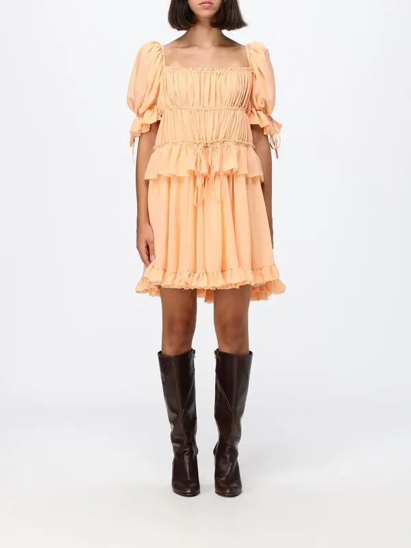 Chloé A-line Silk Mini Dress With Square Neckline And Puff Sleeves - Orange