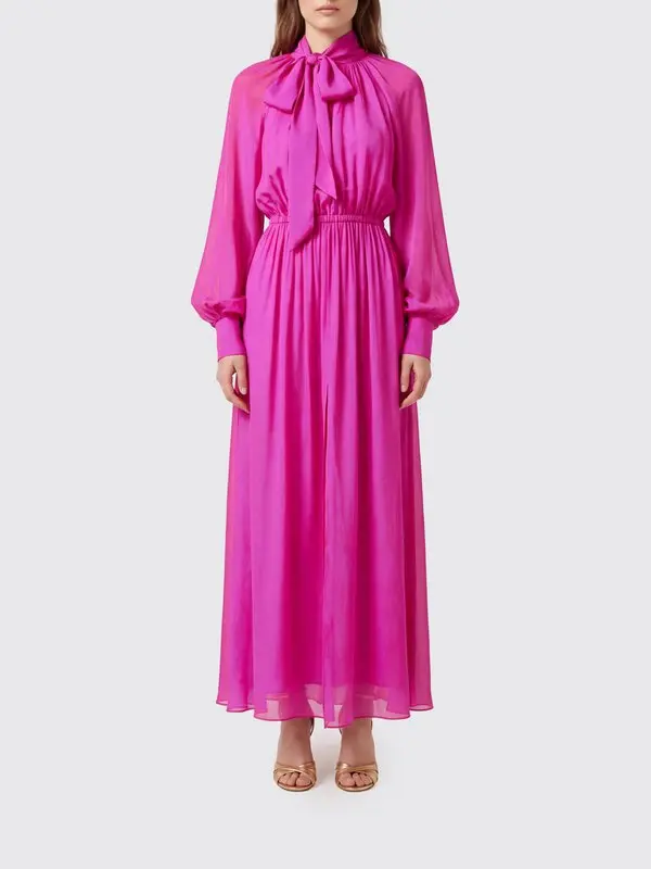 COLLINI MILANO 1937 Long Silk Chemisier Dress With Ethnic Print And Balloon Sleeves - Fuchsia